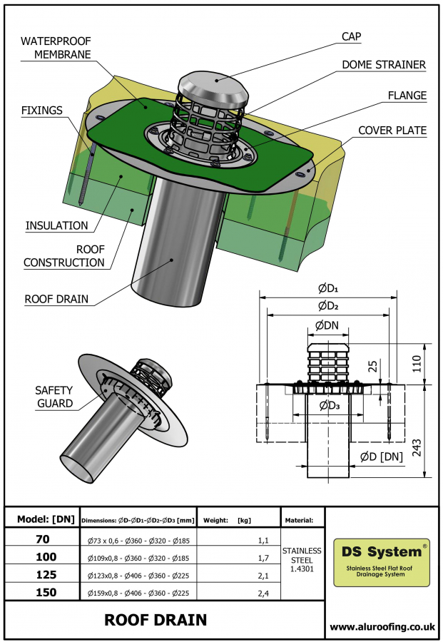 DS System Vertical Roof Drain & Dome Strainer - 100mm | Roofing ...